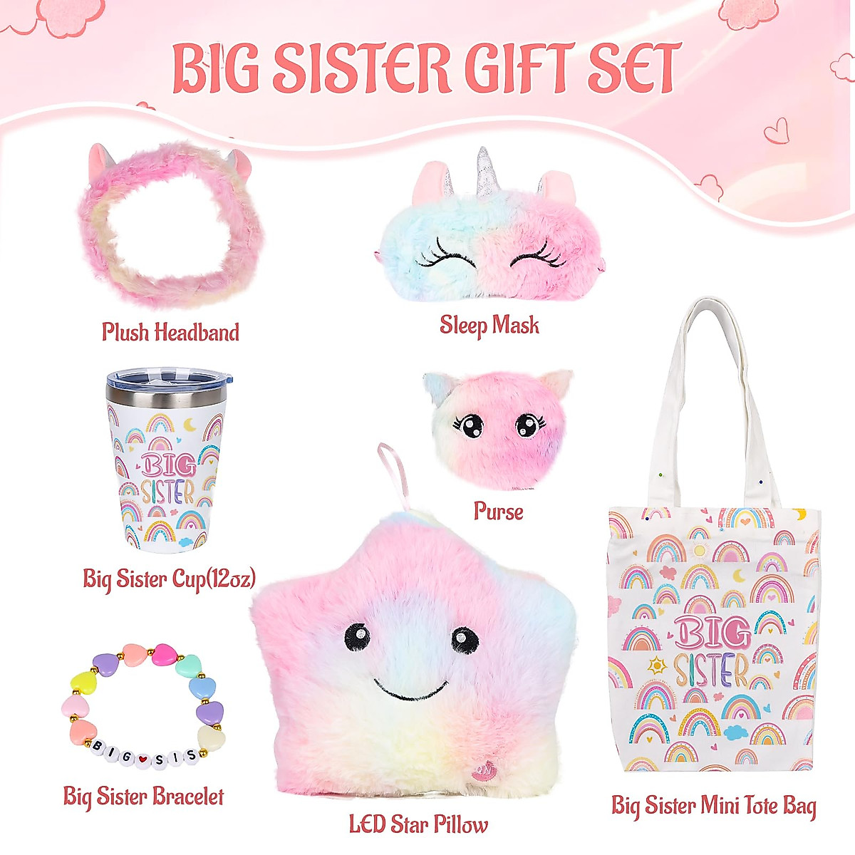 SGFYbkt Big Sister Gifts for Girls, New Gifts for Sister 12oz Big Sister Cup Mug Canvas Tote Bag Big Sister Bracelet Plush Headband Star Pillow Purse Sleep Eye-shade for Little Girls