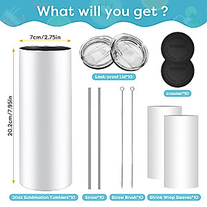 Realkant Sublimation Blanks Tumbler 20oz Skinny Bulk with Metal Straw, Lid, Shrink Wrap Film, Sublimation Coating for Heat Press, Stainless Steel Straight Water Cups Coffee Mugs (10 Pack)