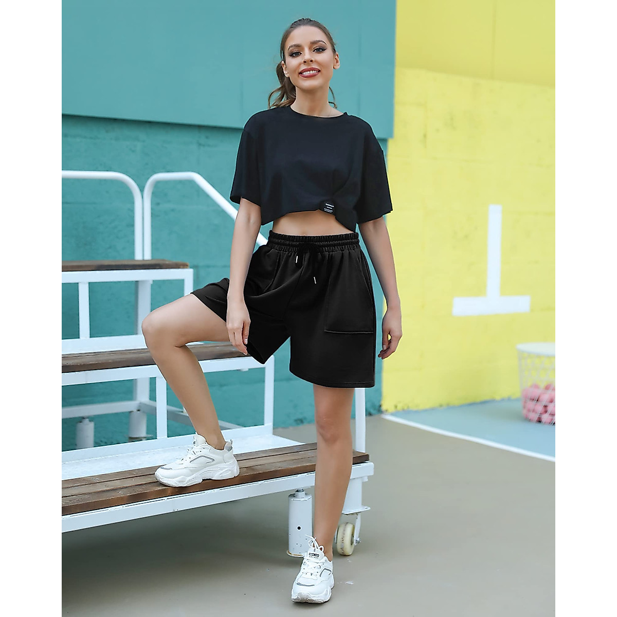 Plus Size Jersey Shorts for Womens Summer Knee Length Shorts Elastic Waist Cotton Lounge Shorts Black XXL