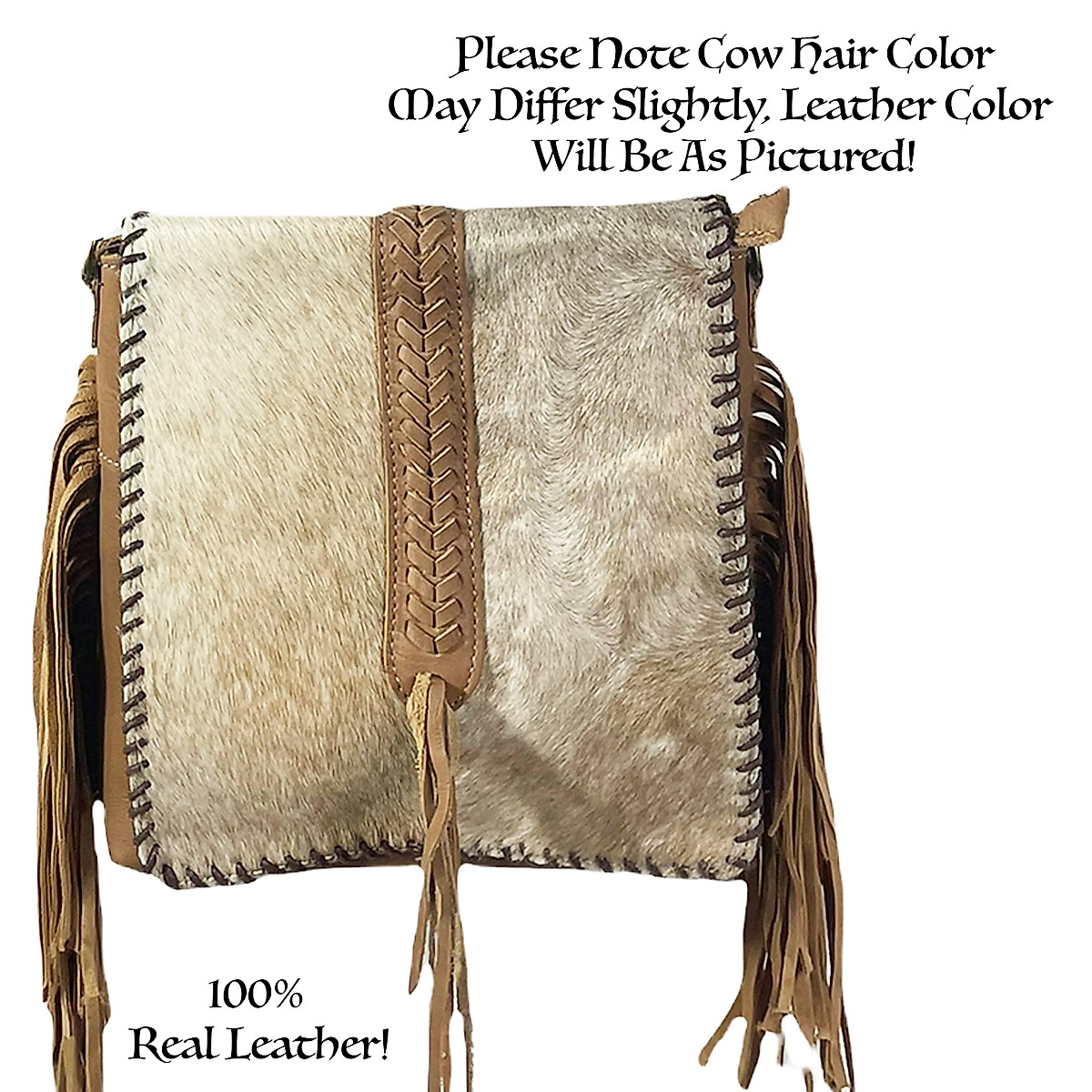 Urbalabs Western Cowhair Concealed Carry Womens Crossbody Fringe Purse Genuine Leather Handmade Stitched Handbag (Light Brown)