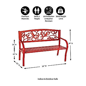 Evergreen Garden Patio and Outdoor Seating Cardinal Metal Garden Bench in Red 50 x 33 x 21 Inches - Decorative and Durable Weather Resistant Outdoor Chair Seat for Home and Garden
