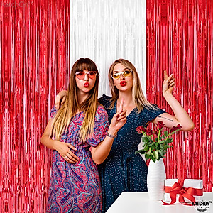 KatchOn, White and Red Streamers - 8x3.25 Feet, Pack of 3 | Red and White Fringe Curtain for Valentines Day Decorations | Red Fringe Backdrop for Valentines Party Decorations | Valentines Day Backdrop