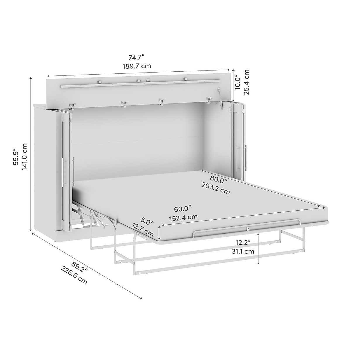 Bestar Pur 75W Murphy Cabinet Bed with Mattress, Space-Saving Sleeping Arrangement for Multipurpose Guest Room or Home Office, Queen, Black Walnut