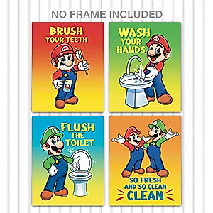 SWITHOM Super Mario Bathroom Wall decor - Unframed Boy's Bathroom Decor, 8X10 inch Super Mario Wall Art Prints for Kids Bathroom, Set of 4 Positive Quotes Toilet Wall Decor Art Prints for Bathroom
