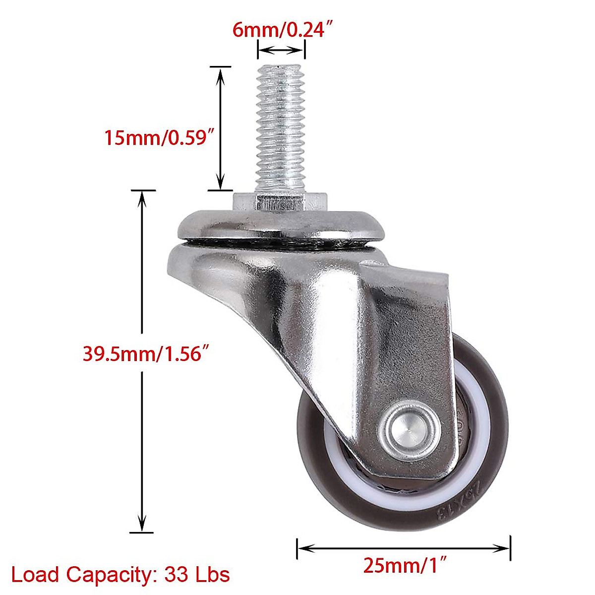 Skelang 4 Pcs 1" Swivel Stem Threaded Casters, TPE Mute Caster Wheel M6 ×15, Replacement for Carts Trolley, Baby Bed, Furniture Cabinet, Table, Total Load Capacity 99Lbs