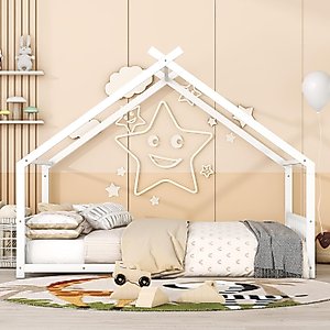 DNYN Full Size Metal House Bed with Roof Design for Kids Bedroom,Sturdy Steel Bedframe,No Box Spring Needed, White
