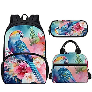 Parprinty Blue Floral Bird Parrot Backpack Set for Girls Kids Lightweight Cute School Backpack with Lunch Box Pencil Case Adjustable Strap Padded Book Bag Insulated Lunch Bag