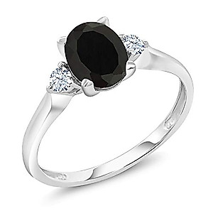 Gem Stone King 10K White Gold Black Onyx and White Created Sapphire 3 Stone Engagement Ring For Women (1.35 Cttw, Gemstone Birthstone, Available In Size 5, 6, 7, 8, 9)