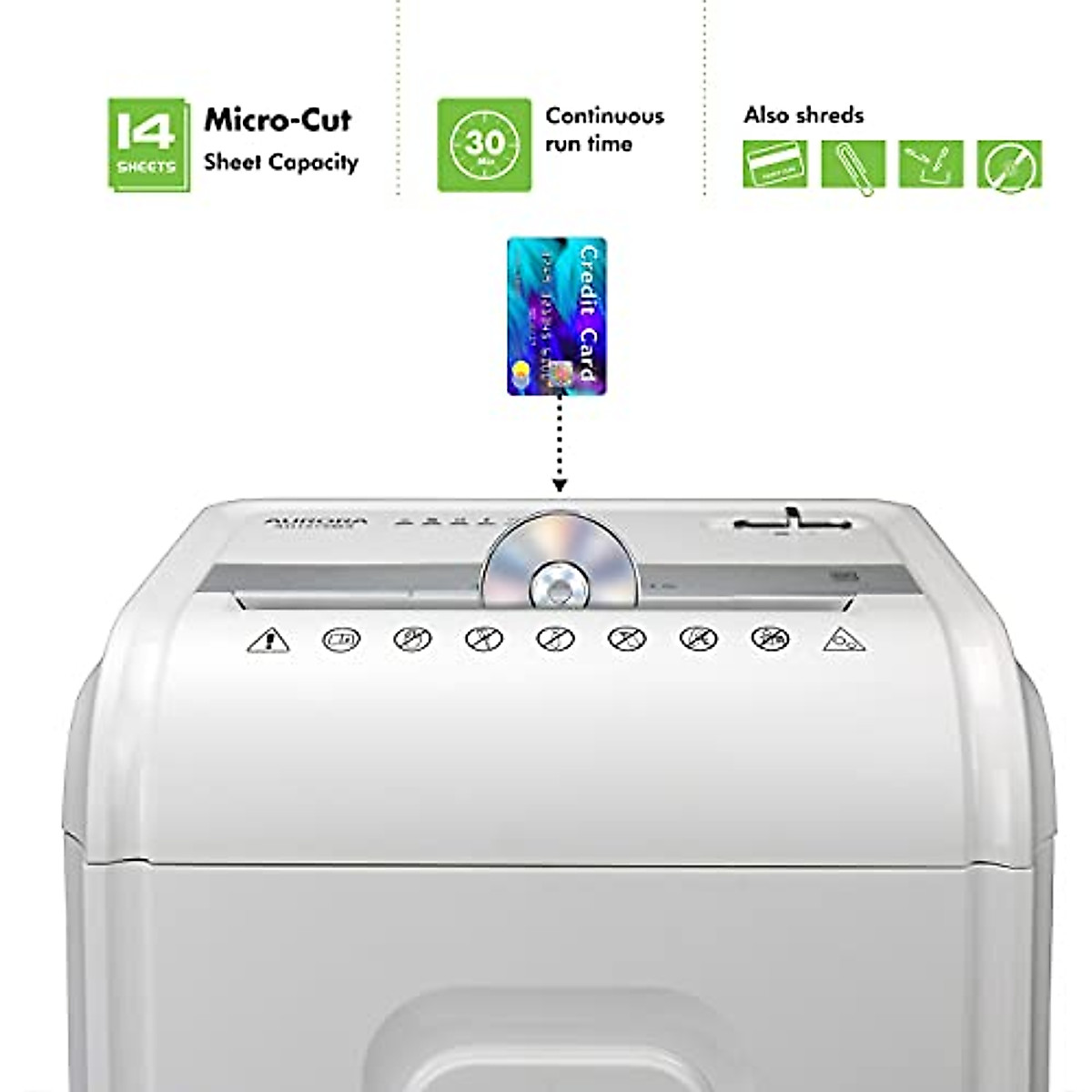 Aurora AU1480MA Professional Grade 14-Sheet Micro-Cut Paper and CD/Credit Card Shredder/ 30 Minutes Continuous Run Time, White/Gray