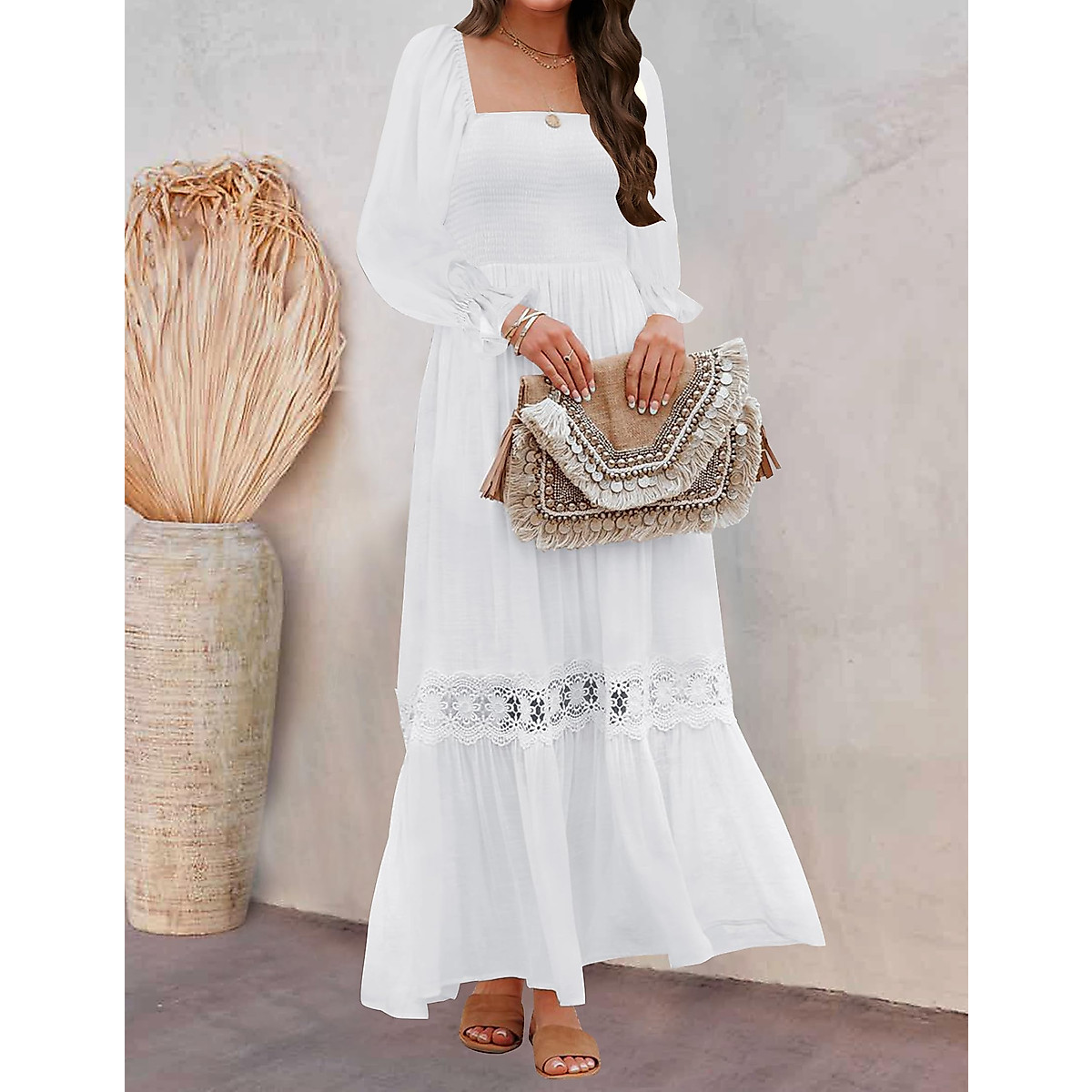 ZESICA Women's 2024 Boho Long Sleeve Square Neck Smocked High Waist Flowy A Line Lace Trim Maxi Dress White