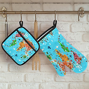 Cute Animal World Oven Mitts and Pot Holders Sets of 2 Heat Resistant Non-Slip Kitchen Gloves Hot Pads with Inner Cotton Layer for Cooking BBQ Baking Grilling