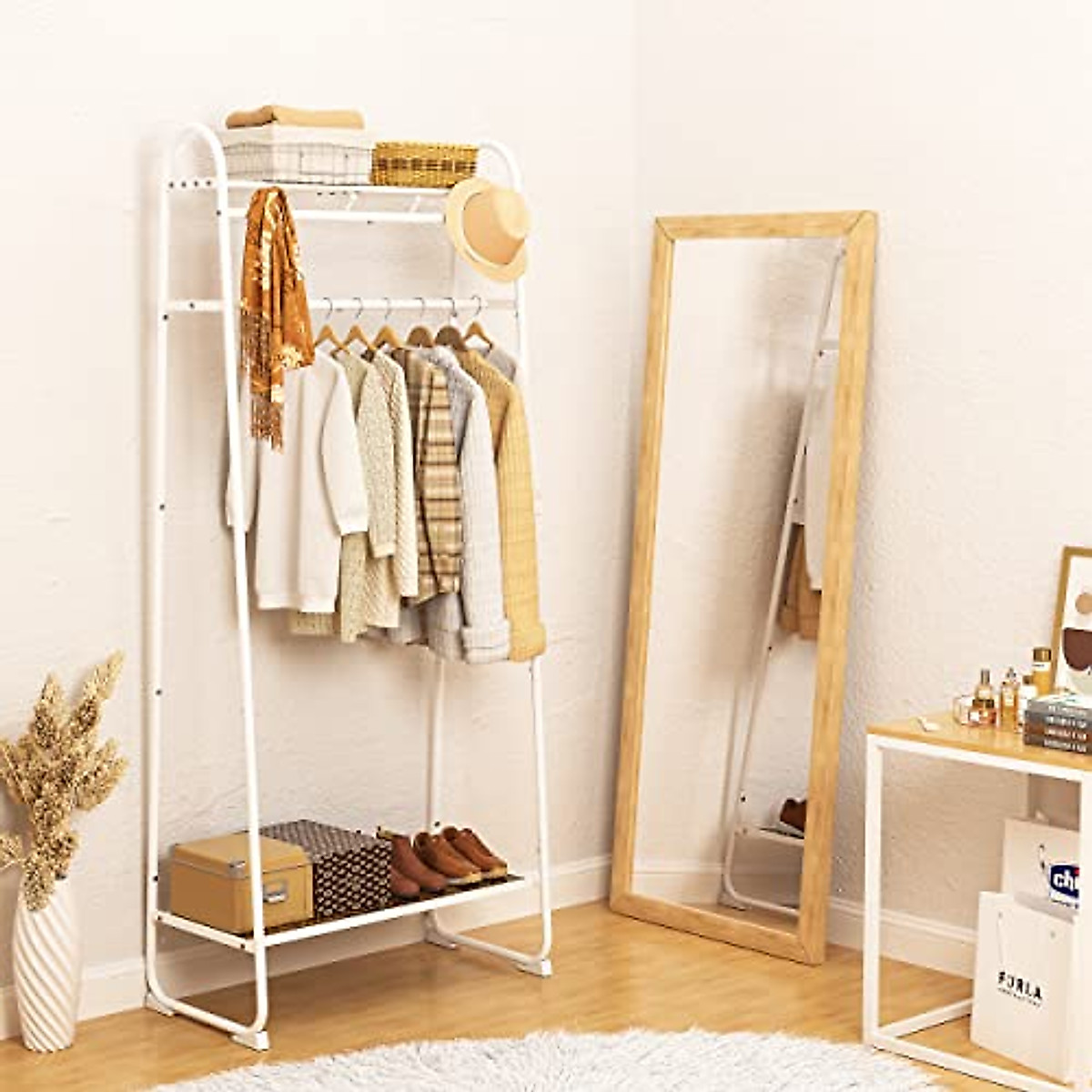 Tajsoon Clothes Rack, Freestanding Clothing Rack with Coat Hook, Metal Garment Rack with 2 Storage Display Shelf, Rustic Brown Wood, White