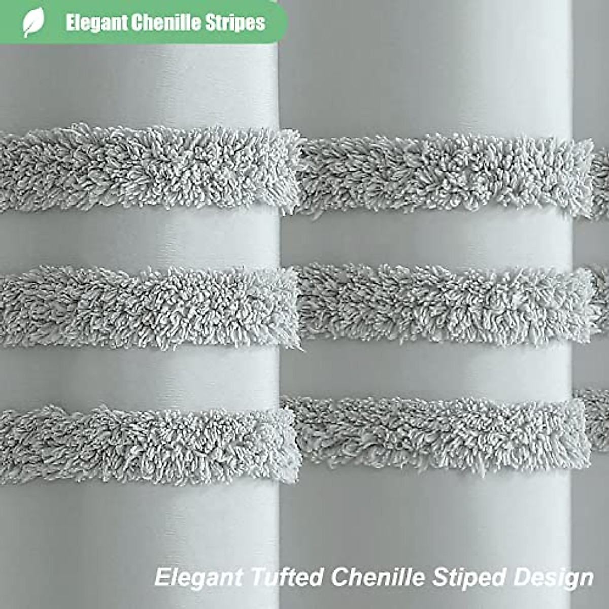 Dynamene Grey Fabric Shower Curtain, Tufted Chenille Striped Textured Cloth Shower Curtains for Bathroom, Boho Farmhouse Shabby Chic Waterproof Shower Curtain Set with Hook, Wrinkle Free, 72x72