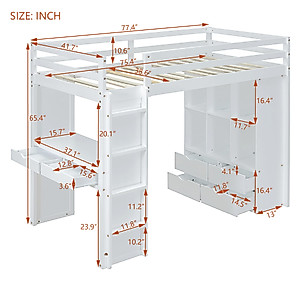 Twin Size Loft Bed with Desk and LED Light, Wood Loft Bed Frame with Storage Shelves and Drawers for Adults Kids Boys Girls, White
