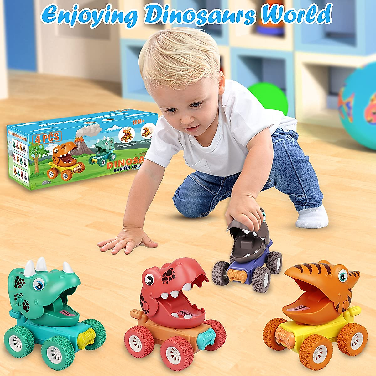 Obbay Dinosaur Toys for 2 Year Old Boy-Dinosaur Toy Cars for 5 Year Old Boys 4 Pack Set Car Toys for 3 Year Old Boys Christmas Birthday Gifts for Toddlers 2 3 4 5 Year Old Boys Girls