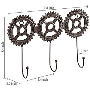 MyGift Brown Cast Iron Metal Wall Coat Hook with Steampunk Gear Design, Wall Mounted Key Rack with 3 Hooks
