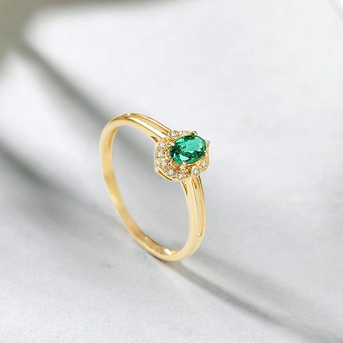 KnBoB Women 4 Claws Oval Shape 0.1ct Emerald Ring 18K Rose Gold Promise Wedding Engagement Bridal Anniversary Ring Size 6.5