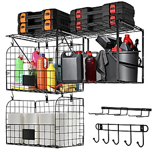 Willinglong 6 Pcs Wall Mounted Garage Shelf with Wire Baskets Set Garage Wall Shelving Tool Organizer Wall Mount Heavy Duty Garage Organization Shelves with Tool Rack and Hooks for Home Garden Storage