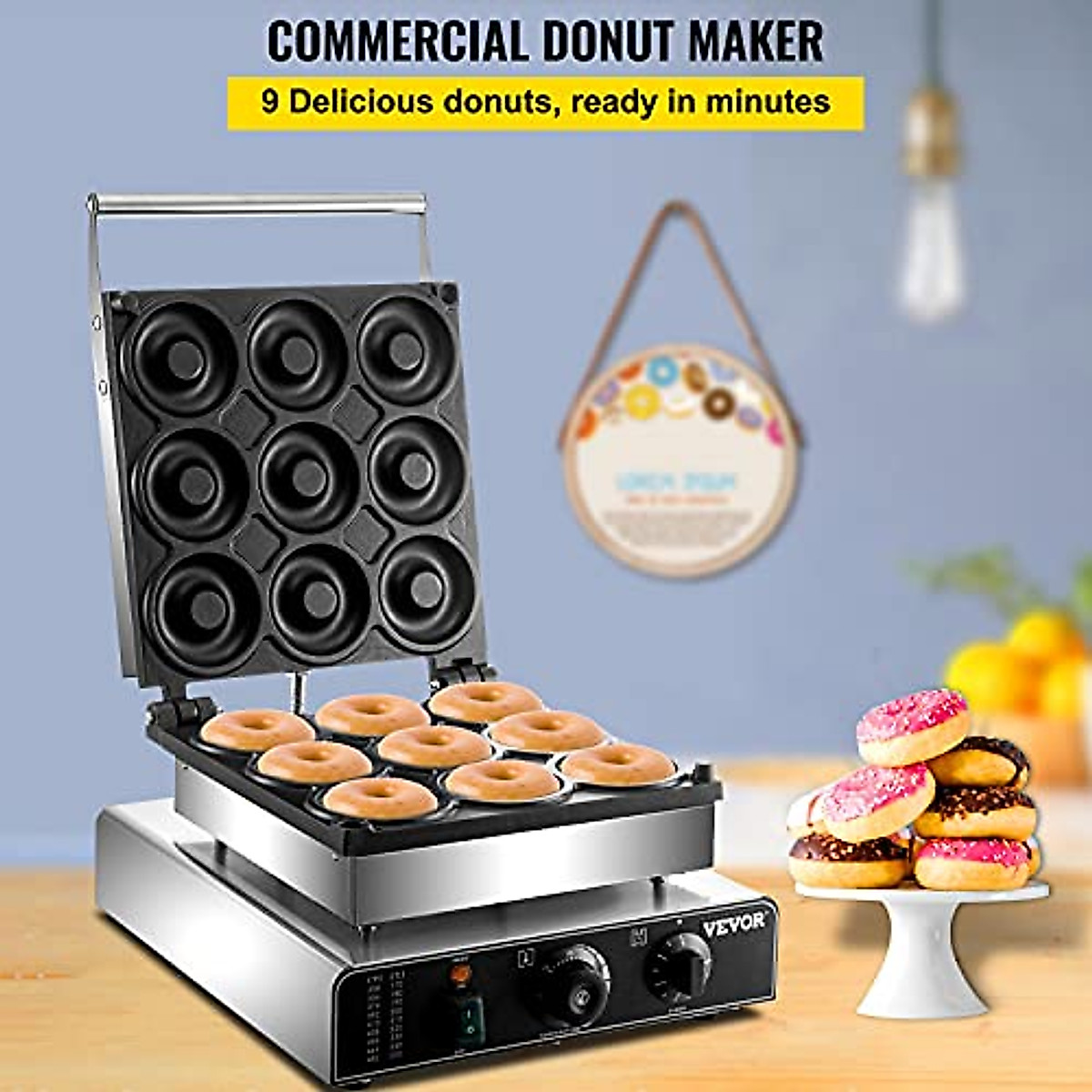 VEVOR Electric Donut Maker, 9 Holes Commercial Donut Machine, 2000W Electric Doughnut Machine, Double-Sided Heating Commercial Donut Maker, for Home & Commercial Use with Non-stick Teflon Coating