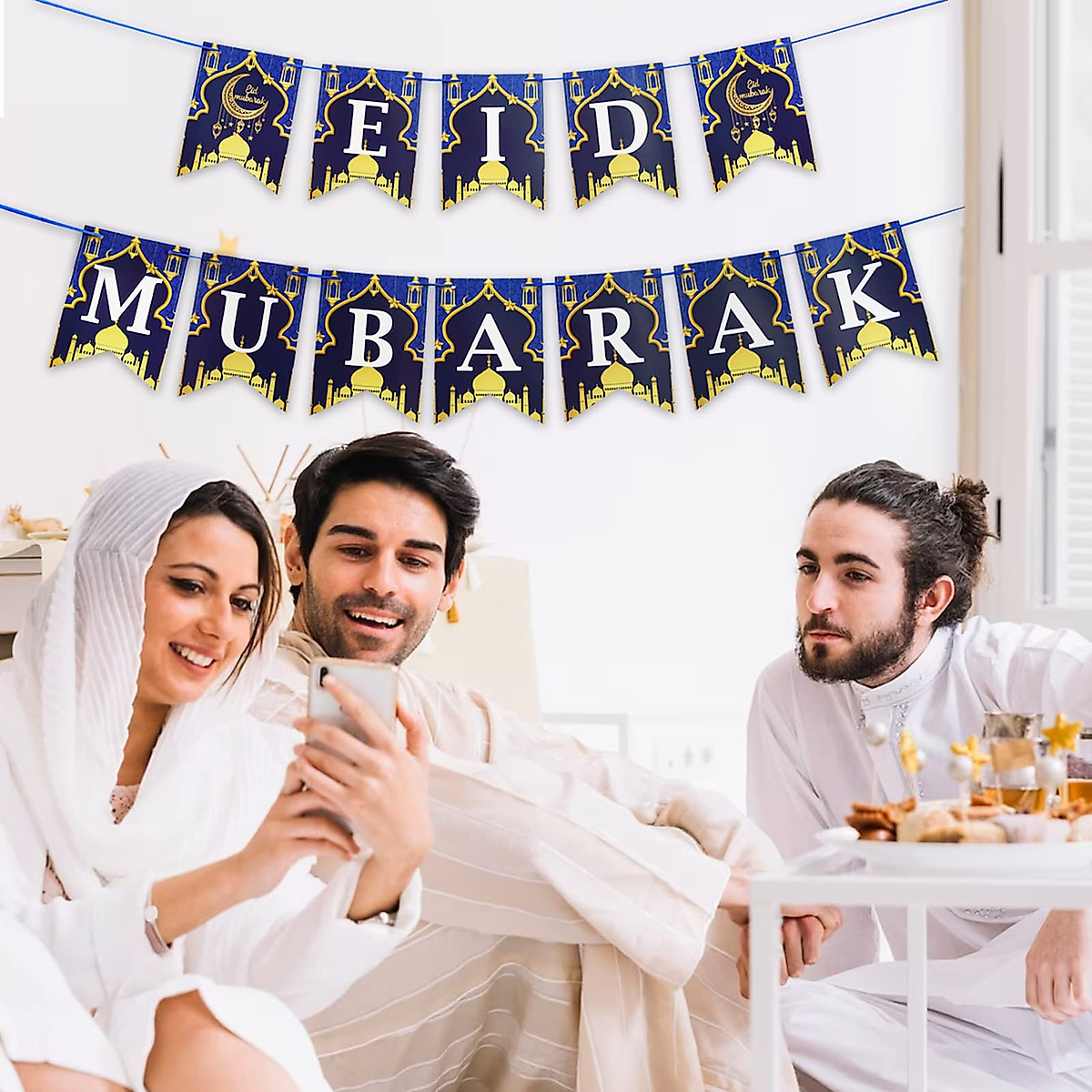 Eid Mubarak Paper Banner Decorations - Happy Eid Party Decorations Hanging Bunting Banner Garland Party Decorations, Ramadan Sign Backdrop for Home Wall Indoor Outdoor