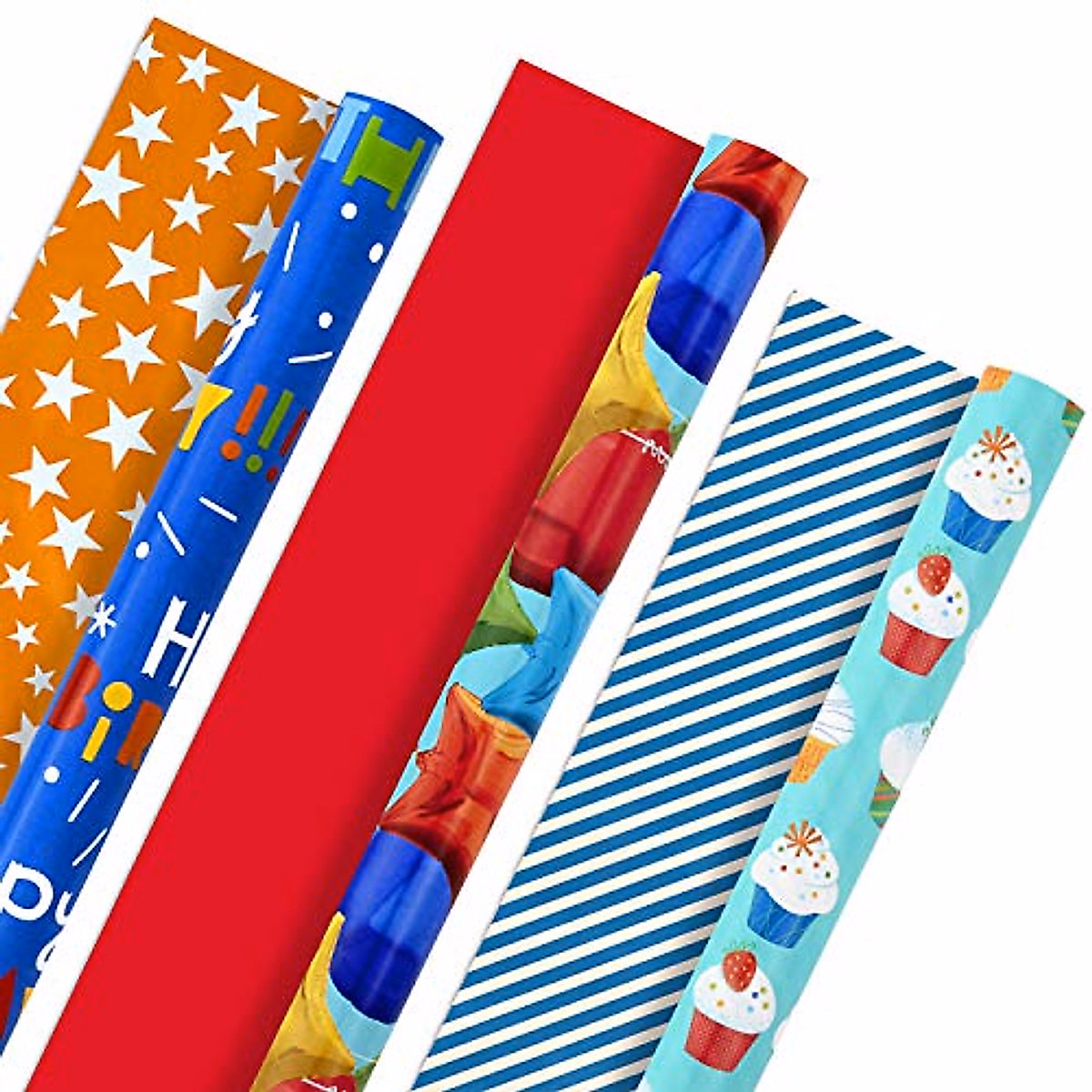 Hallmark All Occasion Reversible Wrapping Paper (3 Rolls: 75 sq. ft. ttl) Colorful Balloons, Stars on Orange, Cupcakes, Blue Stripes, Solid Red for Kids Birthdays, Graduations, Celebrations
