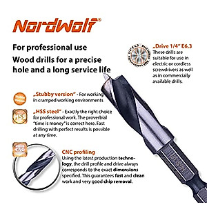 NordWolf 7-Piece HSS Brad Point Stubby Wood Drill Bit Set with 1/4" Hex Shank for Carpenter Woodworking, SAE Sizes 1/16"-3/32"-1/8"-3/16"-1/4"-5/16"-3/8"