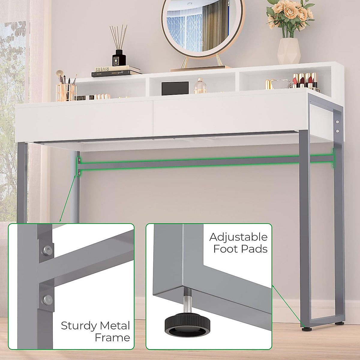 GreenForest Vanity Desk with 2 Drawers, White Makeup Desk with 3 Storage Spaces, 31.5 inch Small Desk with Silver Metal Legs, Modern Home Office Desk for Kids, Bedroom (No Mirror)