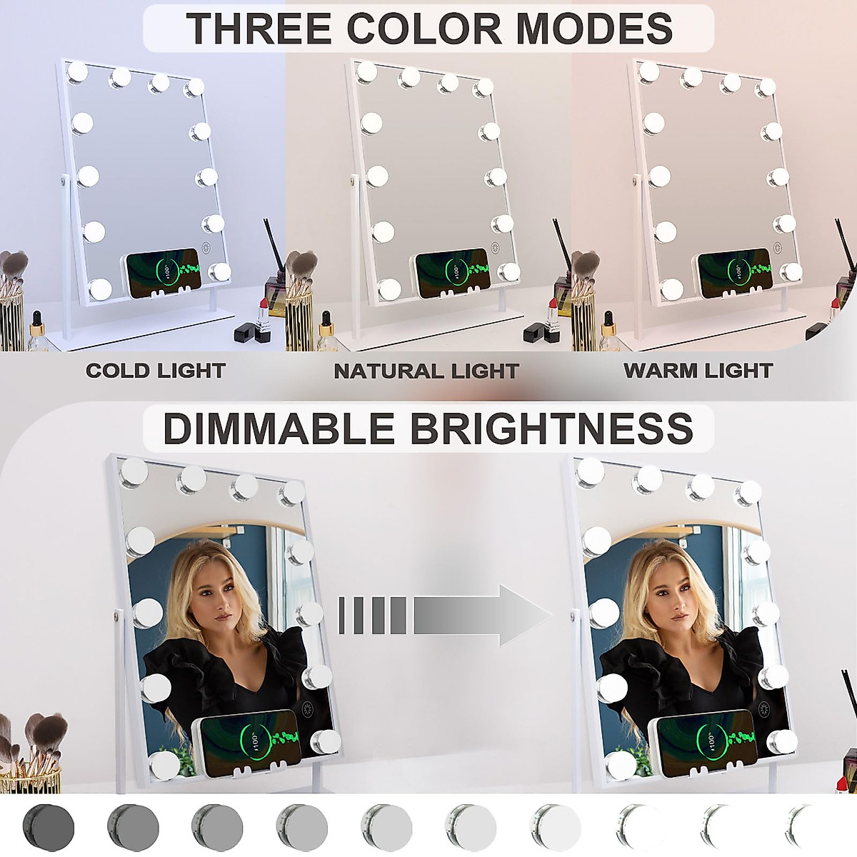 Fenair Hollywood Vanity Mirror with Lights Speaker and Wireless Charging Lighted Makeup Mirror with 12 LED Lights Upgrated Hollywood Mirror with Dimmable Lights