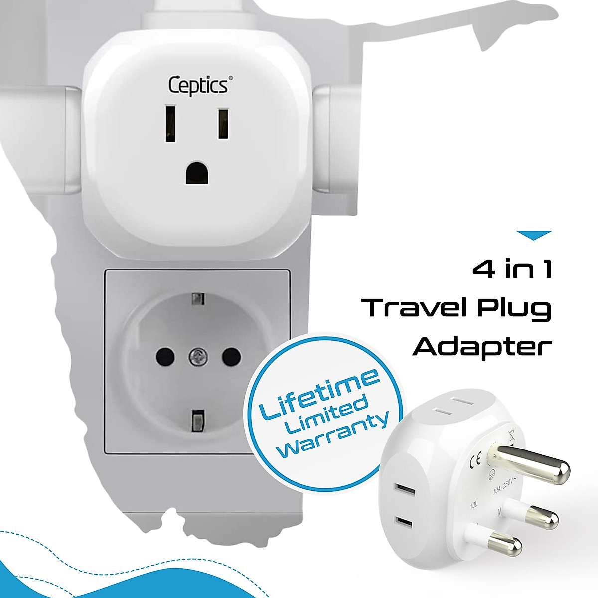 Ceptics South Africa Travel Plug Adapter South Africa Power Adapter Charger 4 Input - USA to Any Type M Countries Such as Botswana, Namibia and More - 2 Pack (PT-10L), White (PT-10L-2PK)