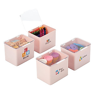 mDesign Plastic Stackable Storage Organizer Toy Box with Lid for Action Figures, Crayons, Markers, Building Blocks, Puzzles, Craft or School Supplies - Pack of 4, Includes 32 Labels - Light Pink/Clear