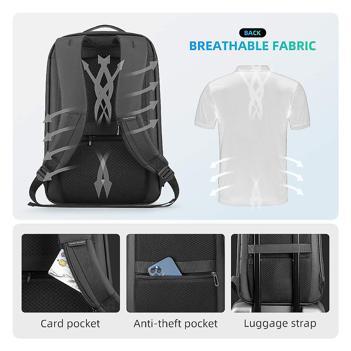 MARK RYDEN Slim Laptop Backpack for Men, High Tech Backpack with Scratch Resistant Shell and USB Charging Port, Waterproof Business Backpack Ideal for Working, Commuting, Daily