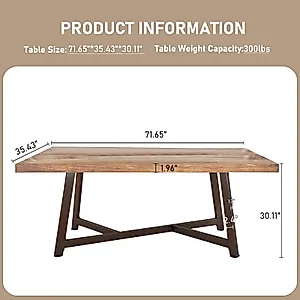chartustriable 72 inch Solid Wood Dining Table for 4 5 6 People, Rustic Large Brown Rectangular Kitchen Dinner Tables w/Adjustable Metal Leg for Home Living Dining Room Farmhouse Office Family