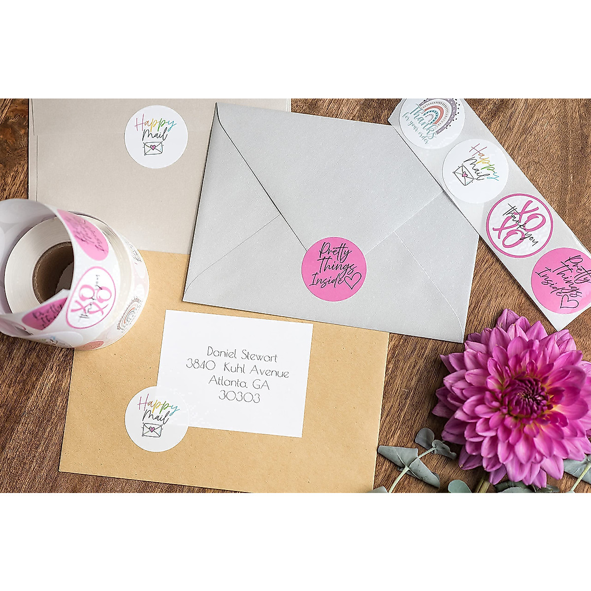 Assorted Cute Packaging Stickers - Roll of 500 - Four Fun Designs - 1.5" Round Glossy Sealers for Small Business - Happy Mail - Thank You for Your Business/Pretty Things Inside