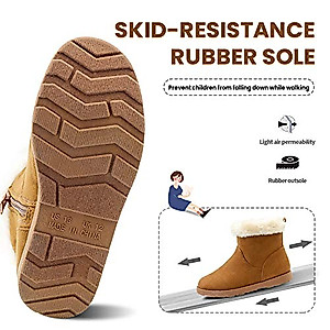 Girls Boots Warm Ankle Winter Boots Kids Soft Plush Lining Fur Collar with Zipper Snow Bootie Indoor Outdoor Shoes for Girls Big Kid 3 US Brown