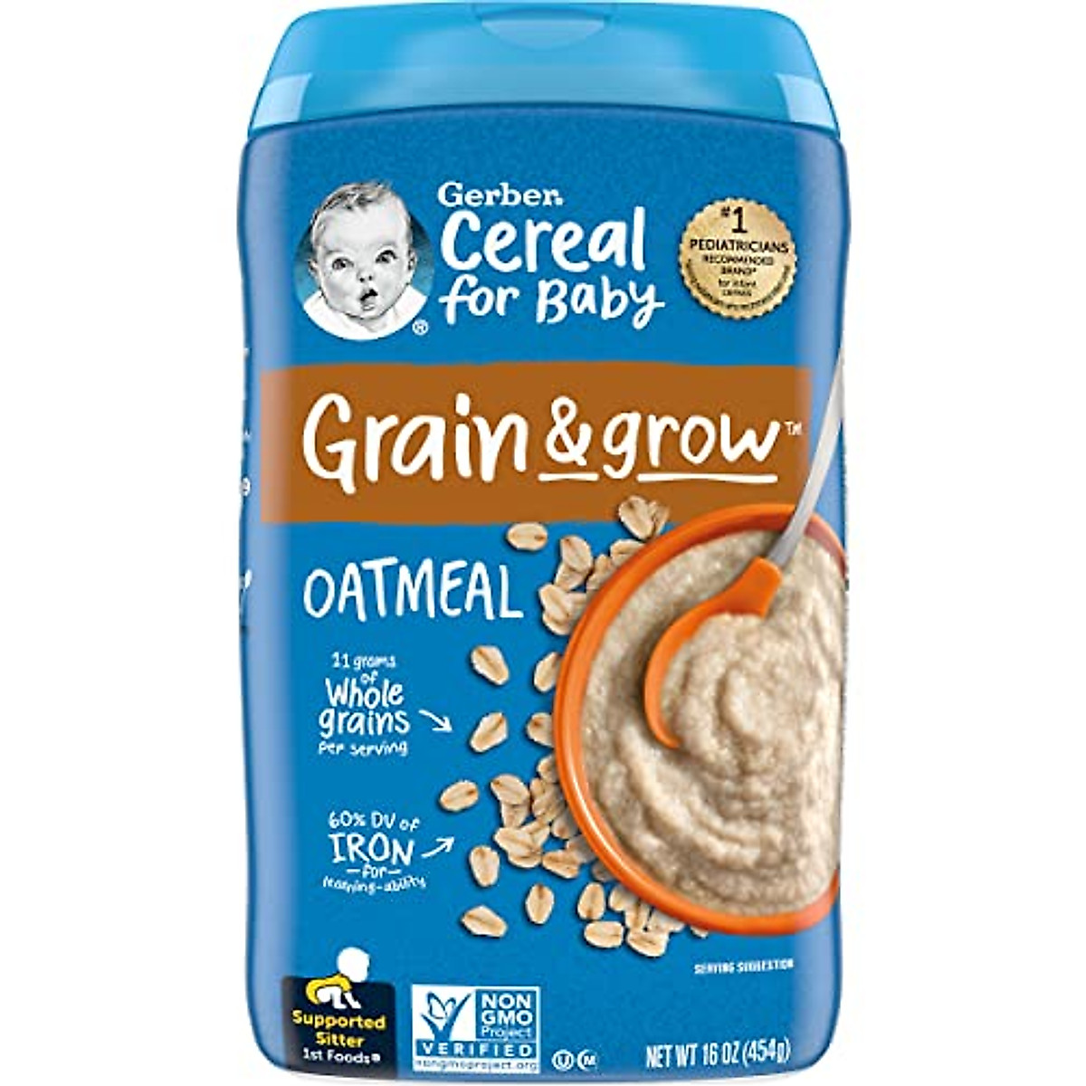 Gerber Cereal for Baby 1st Foods Grain & Grow Cereal, Oatmeal Cereal, Made with Whole Grains & Essential Nutrients, Non-GMO, 16-Ounce Canister (Pack of 3)