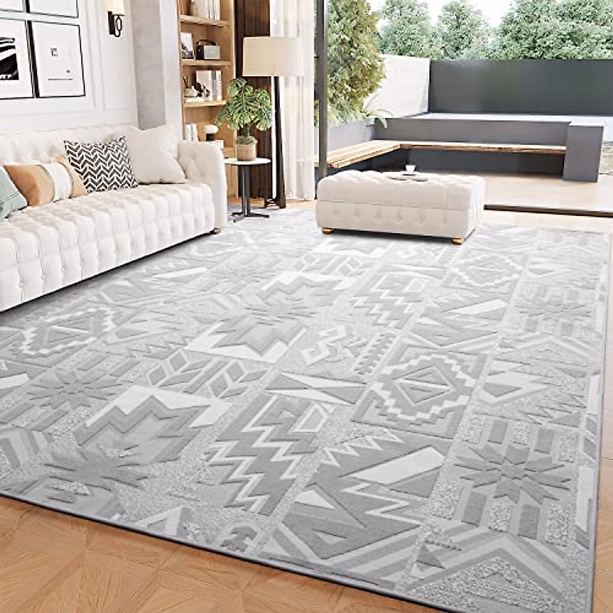 Area Rug 5x7 Feet-Southwestern Moroccan Aztec Tribal Rug Carpet-Boho Rugs for Living Room Bedroom-Machine Washable Non Slip 3D Woven-Neutral Grey