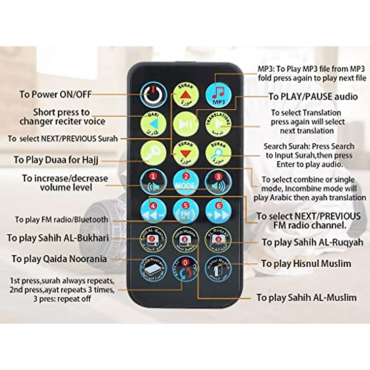 Ramadan Portable Digital Quran Speaker, Anlising Quran Speaker MP3 Player with Remote Control, Quran Translator, USB Rechargeable, 8GB FM Radio, Over 18 Reciters and 15 Translations Available(Gold)