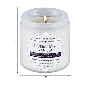 Vera Rose Home Blueberry & Vanilla Scented Soy Candle Long Burning Highly Scented Candles 60+ Hours Clean White Vegan Candle Odor Eliminating Candle Safe for Pets 12oz Jar