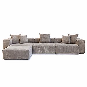 Sdorens 141.73" Modular Sectional Sofa, L Shaped Sofa Couch with Ottoman, Corduroy Fabric Brown Sofa Couch with 5 Pillows, Oversized Sofa Set for Living Room