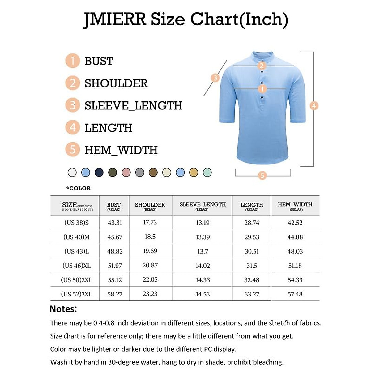 JMIERR Mens Casual Cotton Linen Texture Henley Shirt Short Sleeve Button Down Shirt Summer Beach Tropical Cruise Shirts US 40(M) Sky Blue