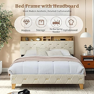 Haplized Queen Size Bed Frame with Storage, Shelf Upholstered Headboard, Platform Bed with Outlet & USB Ports, Wood Legs, No Box Spring Needed, Easy Assembly, Beige