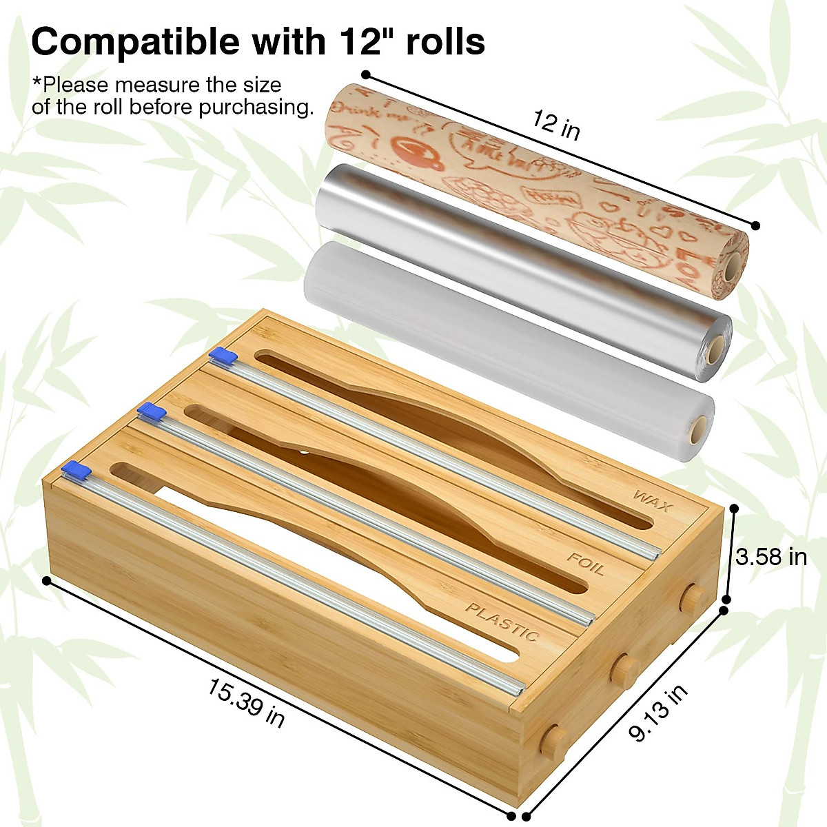 Foil and Plastic Wrap Organizer , 3 in 1 Plastic Wrap Dispenser with Cutter for Kitchen Drawer , Bamboo Roll Organizer Holder for Aluminum Foil and Wax Paper , Compatible with 12" Roll (Bamboo)