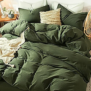MooMee Bedding Duvet Cover Set 100% Washed Cotton Linen Like Textured Breathable Durable Soft Comfy (Olive Green, King Size)