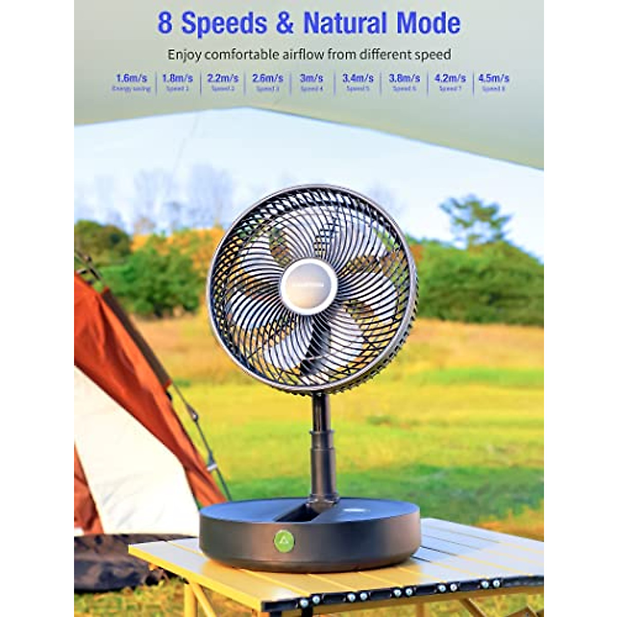 Airbition 12-Inch Rechargeable Oscillating Foldaway Pedestal Fan with Remote, Timer, 8-Speed, 7200mAh Battery Operated Cordless Standing Fan Portable for Home Bedroom Outdoor Camping Tent Travel