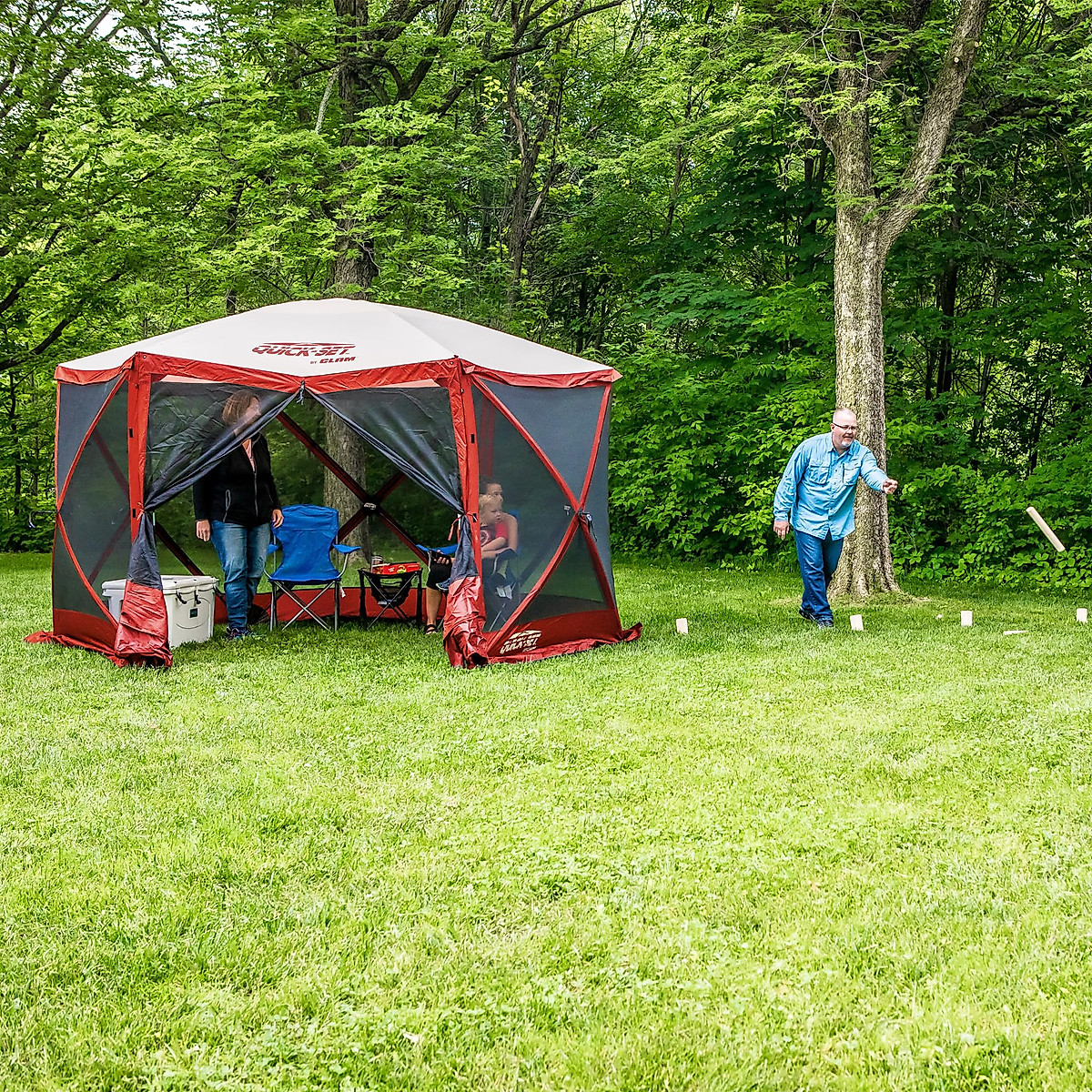 CLAM Quick-Set Escape Sport 11.5 x 11.5 Foot Portable Pop Up Outdoor Tailgating Screen Tent 6 Sided Canopy Shelter w/Stakes & Carry Bag, Red/White