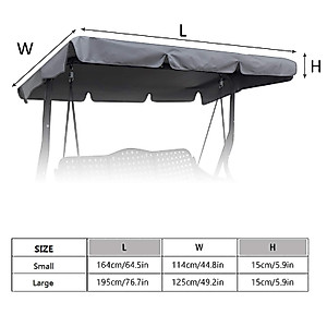 Outdoor Patio Swing Chair Canopy Replacement, 3 Seater Porch Swing Seat Canopy Cover, Waterproof Windproof Anti-UV Heavy Duty Rip Proof Garden Hammock Top Cover, Garden Furniture Covers (Grey, Large)