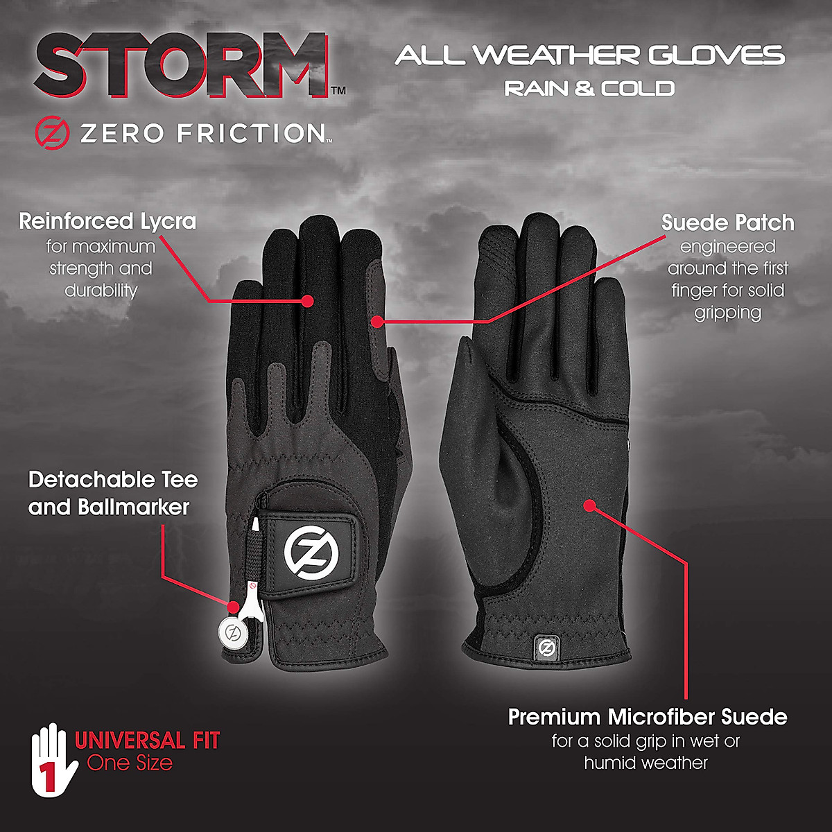 Zero Friction Women's Storm All Weather Golf Gloves, One Size, Black, Pair