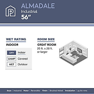 Prominence Home Almadale, 56 Inch Contemporary Indoor Ceiling Fan with No Light, Pull Chain, Modern High Performance Blades, Reversible Motor - 50330-01 (Brushed Nickel)
