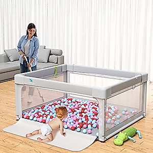 Baby Playpen for Babies Toddler, Large Baby Playard, Indoor & Outdoor Kids Activity Center Fence with Anti-Slip Base, Sturdy Safe Breathable Mesh, Gray 47''x47''