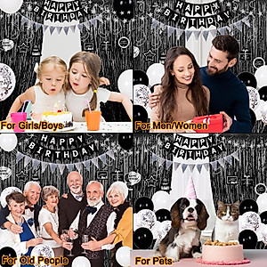 Birthday Decorations Black and White for Men Women, 74Pcs Happy Birthday Balloons Set for Boys Girls with Bday Tablecloth Fringe Curtains Swirls for 16th 18th 21st 30th 35th 40th 45th 50th 60th 70th